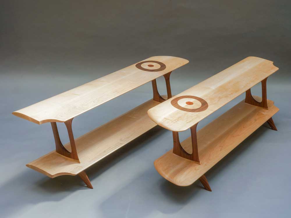 Biplane style bespoke benches in maple - By Dovetailors